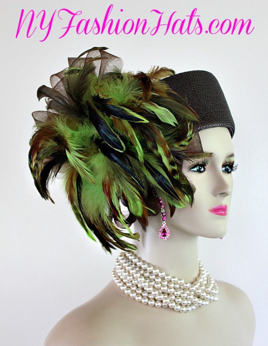 Women's Designer Pillbox Formal Hat, Haute Couture Hat, Brown Lime ...
