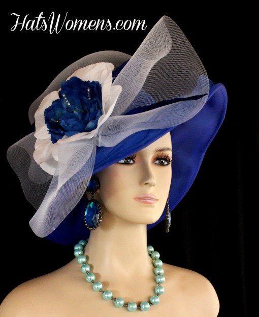 Ladies Royal Blue White Formal Wedding Hat, Haute Couture Designer Hats ...