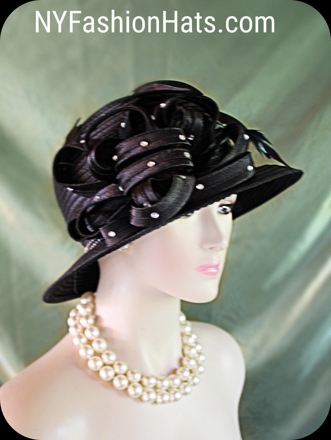 Women's Couture Black Satin Bowler Derby Hat, Formal Designer Wedding ...