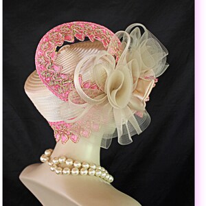 Couture Designer Luxury Pillbox Hat, Beige Pink Metallic Gold Formal ...