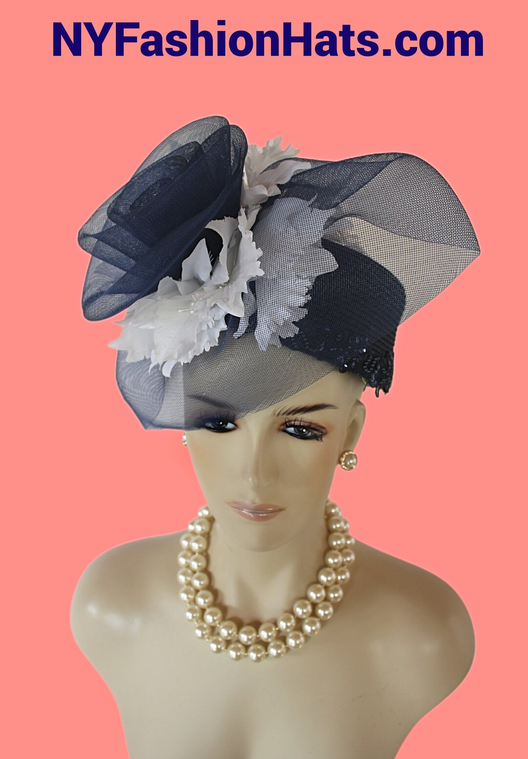 Navy Blue White Haute Couture Pillbox Hat, Formal Wedding Dress Church ...