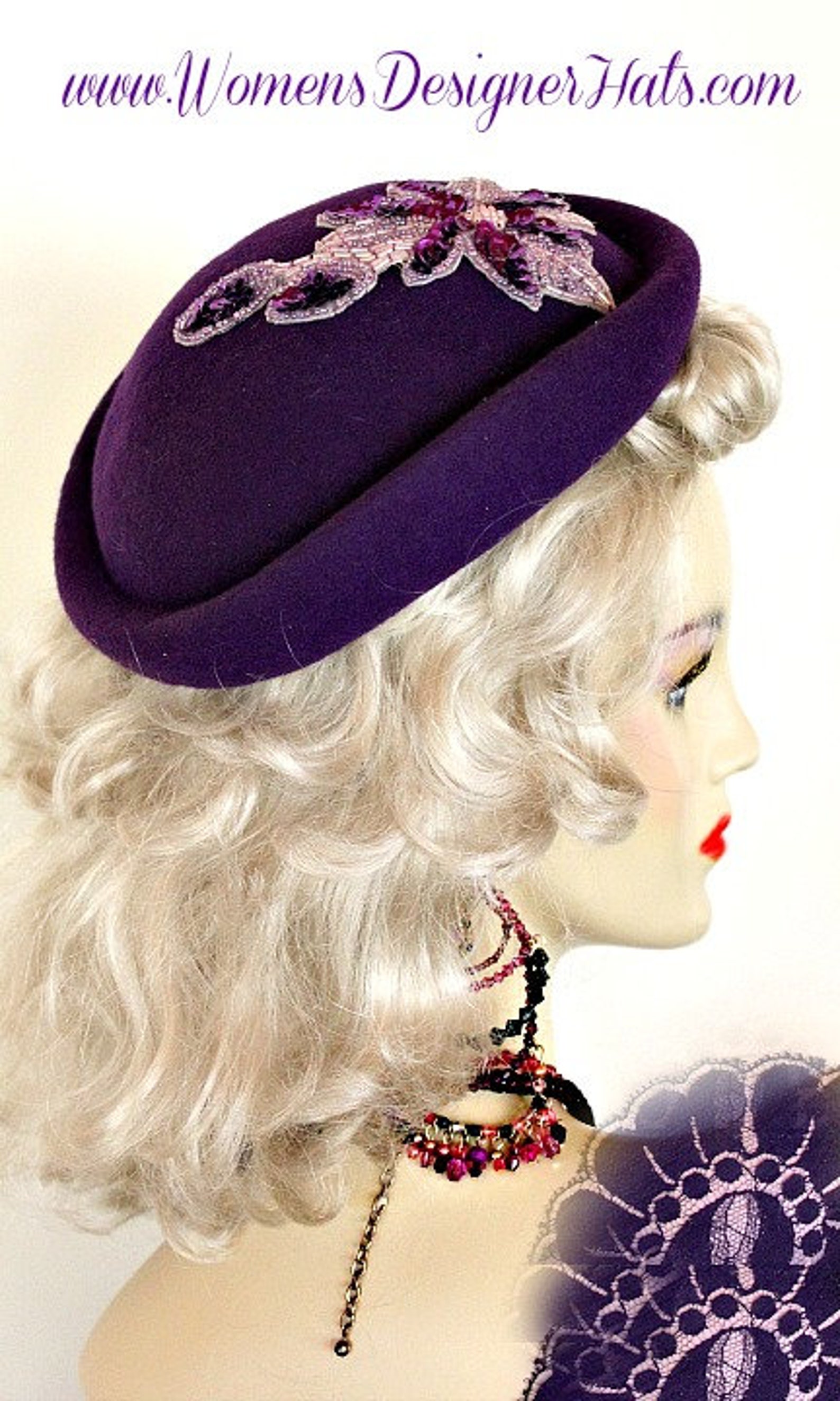 Purple Formal Winter Wool Cocktail Hat, Wedding Pillbox Fascinator Hat ...