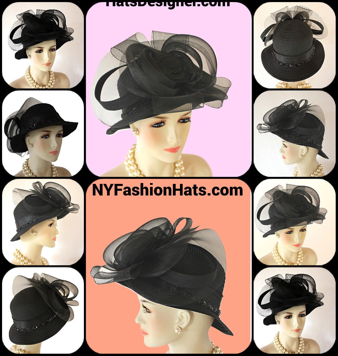 Black Small Brim Satin Haute Couture Hat Women, Formal Wedding Dress ...