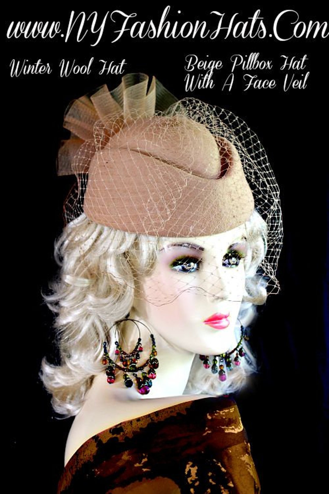 Camel Beige Designer Pillbox Winter Wool Fashion Hat With A Veil ...