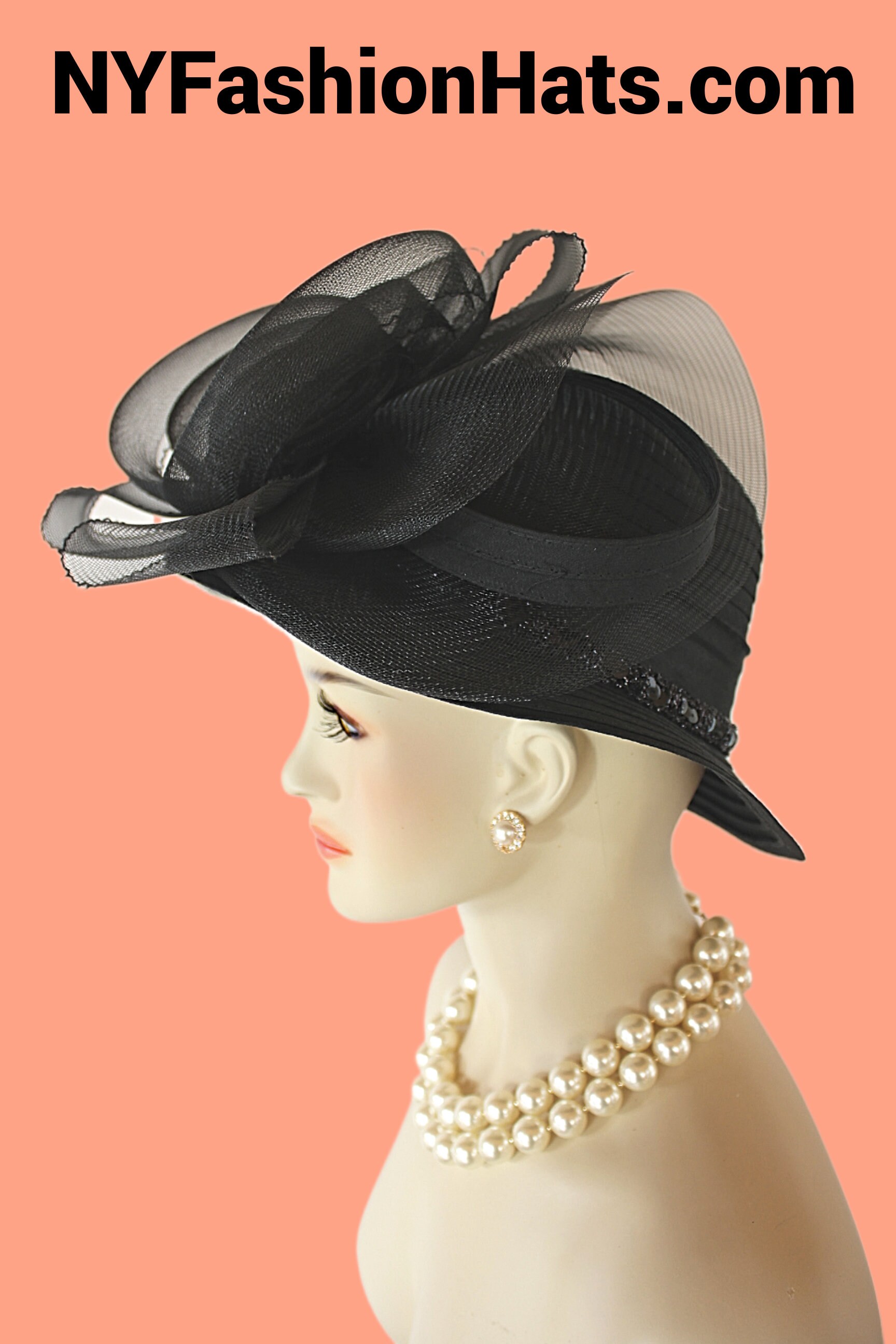 Black Small Brim Satin Haute Couture Hat Women, Formal Wedding Dress ...