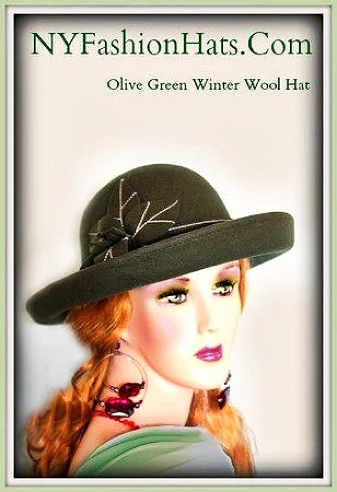 Olive Green Winter Wool Temple Designer Hat, Luxury Hats for Women ...