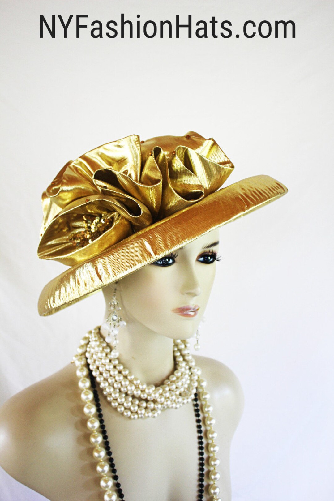 Women's Metallic Gold Lame Sequin Designer Dress Hat, Wedding Church ...