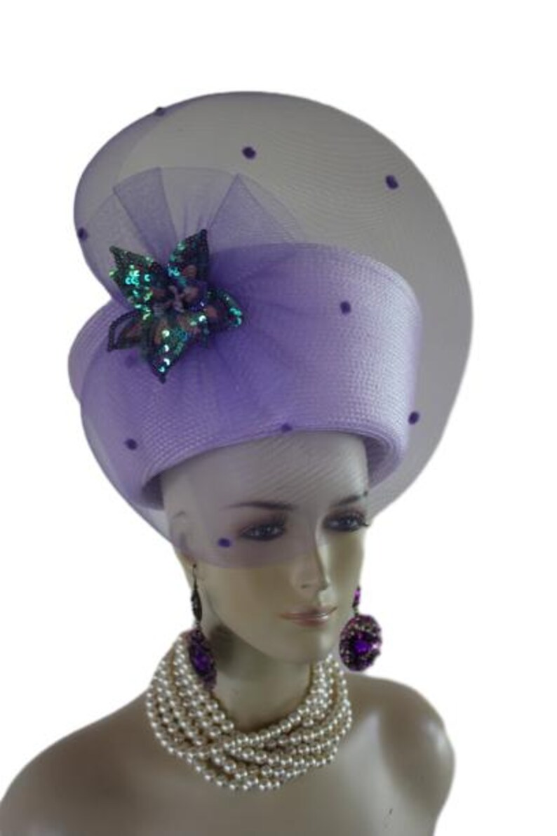 Lavender Purple Haute Couture High Crown Nefertiti Style Pillbox Hat ...