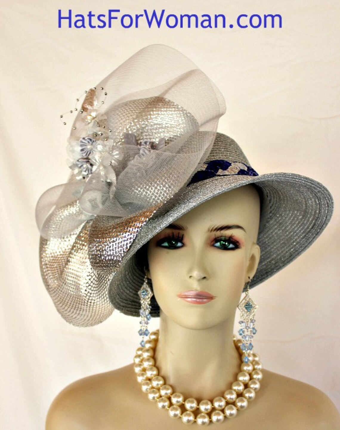 Luxury Designer Hats for Women, Metallic Silver Grey Royal Blue Hat ...