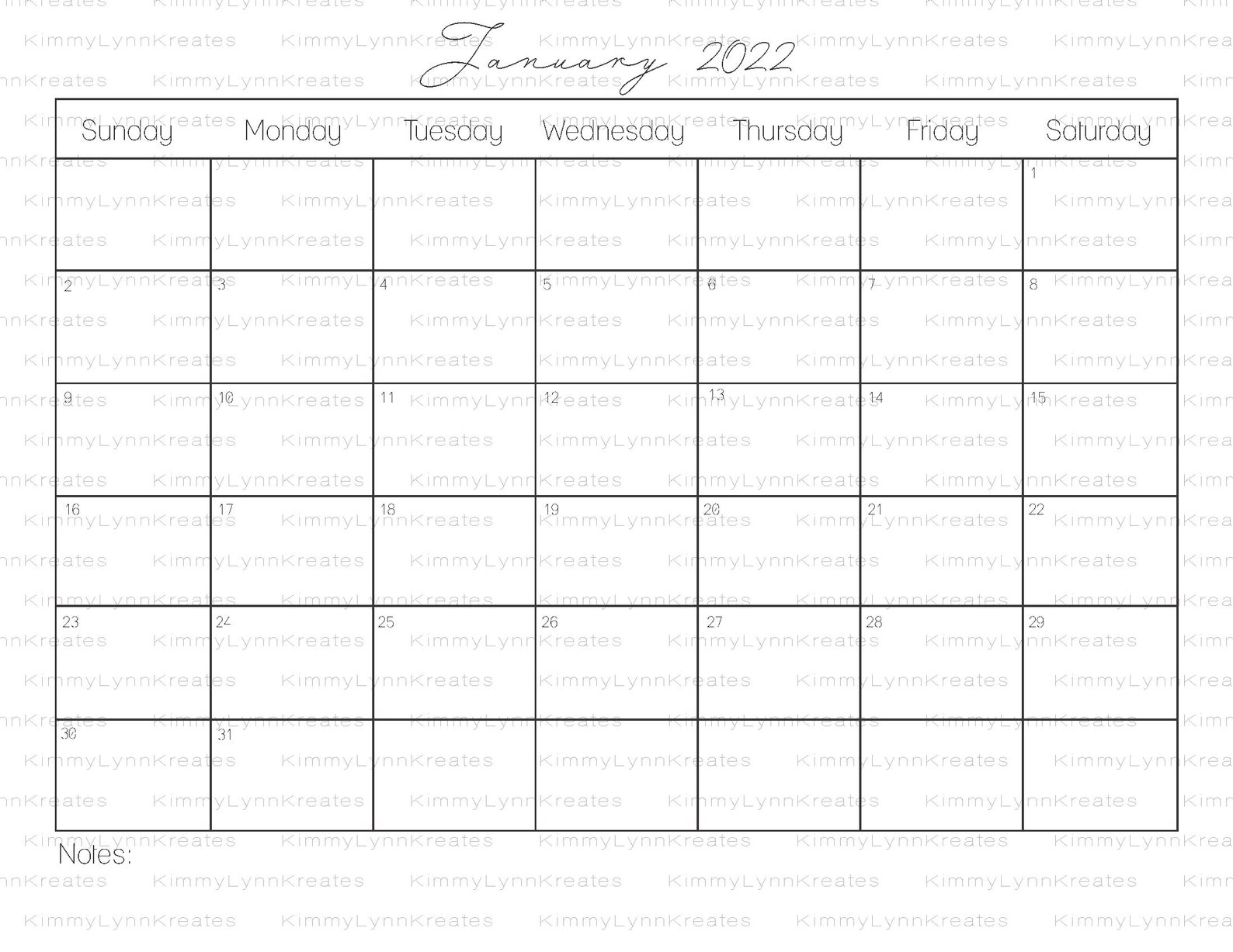 2022 Simple Cursive Calendar Printables - Etsy