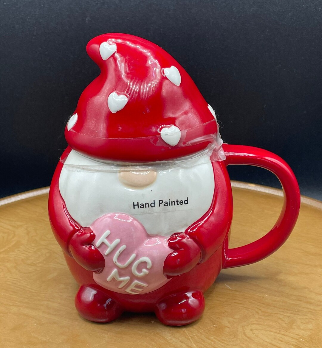 Gnome Mug With Lid Hug Me Hand Painted Hearts Brand New Coffee/tea Mug ...