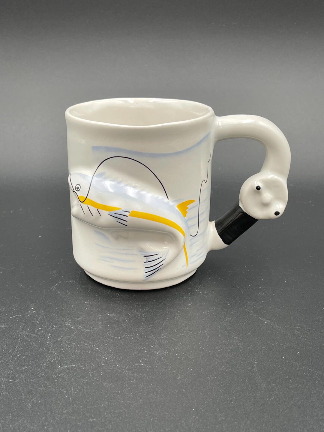 Emson Fish & Fishing Reel 3D White Vintage Embossed Fly Fishing Coffee ...