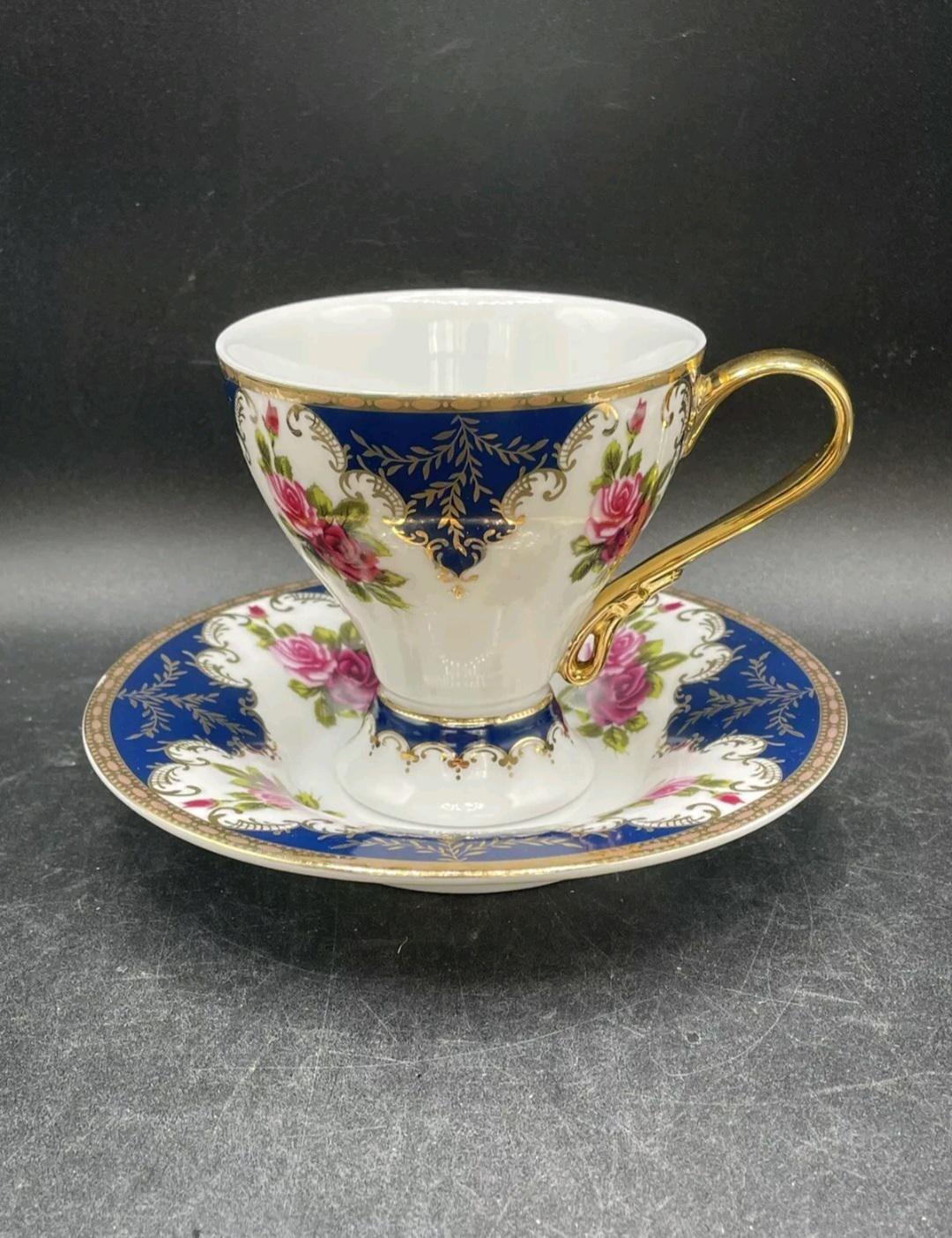 Nantucket Home Pedestal Tea Cup and Saucer Set Gold Trim Floral - Etsy
