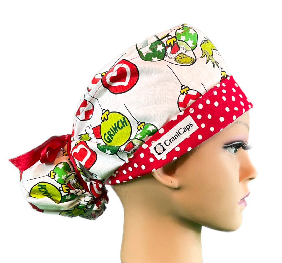 Scrub Cap Ponytail, Grinch Ornament W/ White Dots on Red, Women's ...