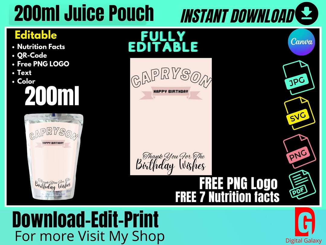 Juice Pouch Label Template 200ml, Blank Label Template, Editable Juice ...
