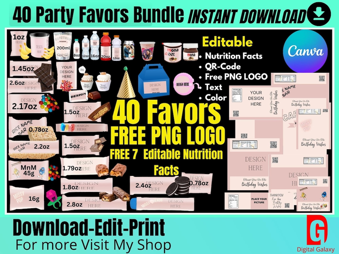 40 Party Favor Templates Editable Labels Bundle Digital Download - Etsy