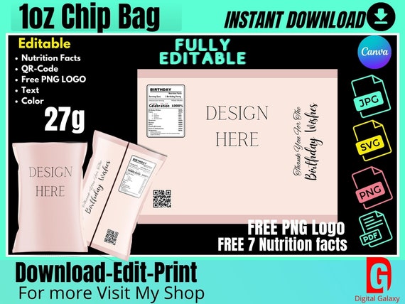 EDITABLE Chip Bag Template Chip Bag Nutritional Label Chip Bag - Etsy