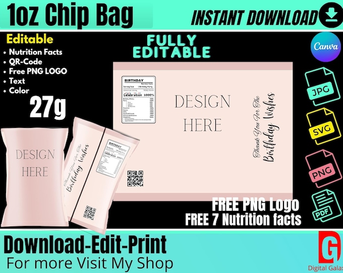 Chip Bag Template, Editable Chip Bags, Chip Bag Labels, Custom Chip ...