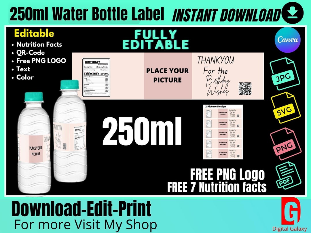 Water Bottle Label Template 250ml, 8 Oz. Instant Download Personalized ...