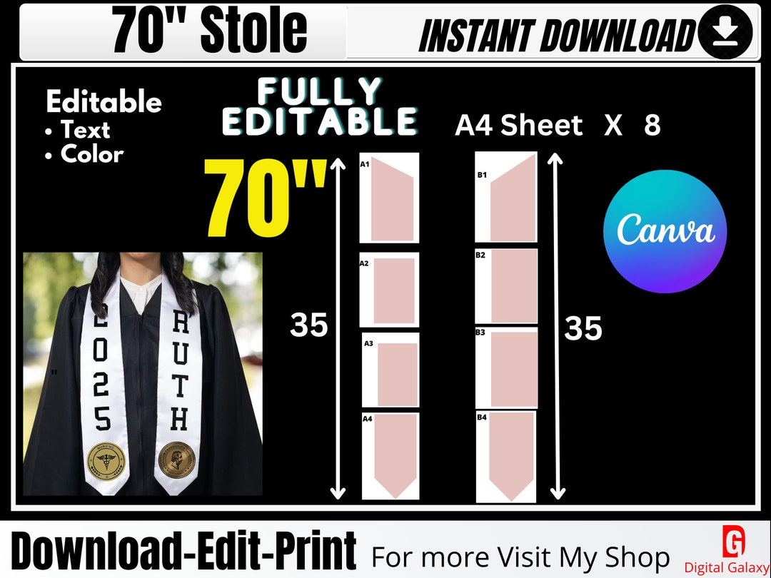 Custom 70inch Graduation Stole Template Editable Canva Design Digital ...