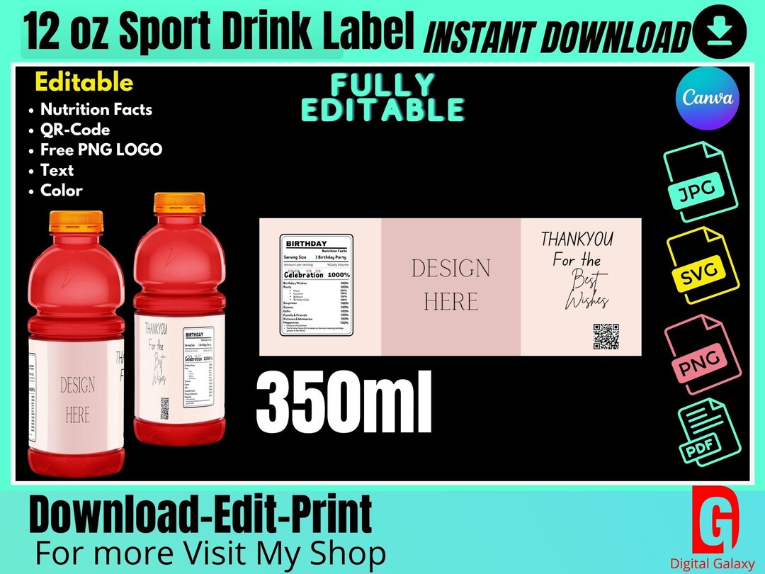 Sport Drink Label Template SVG 12oz/350ml Editable Design Digital ...