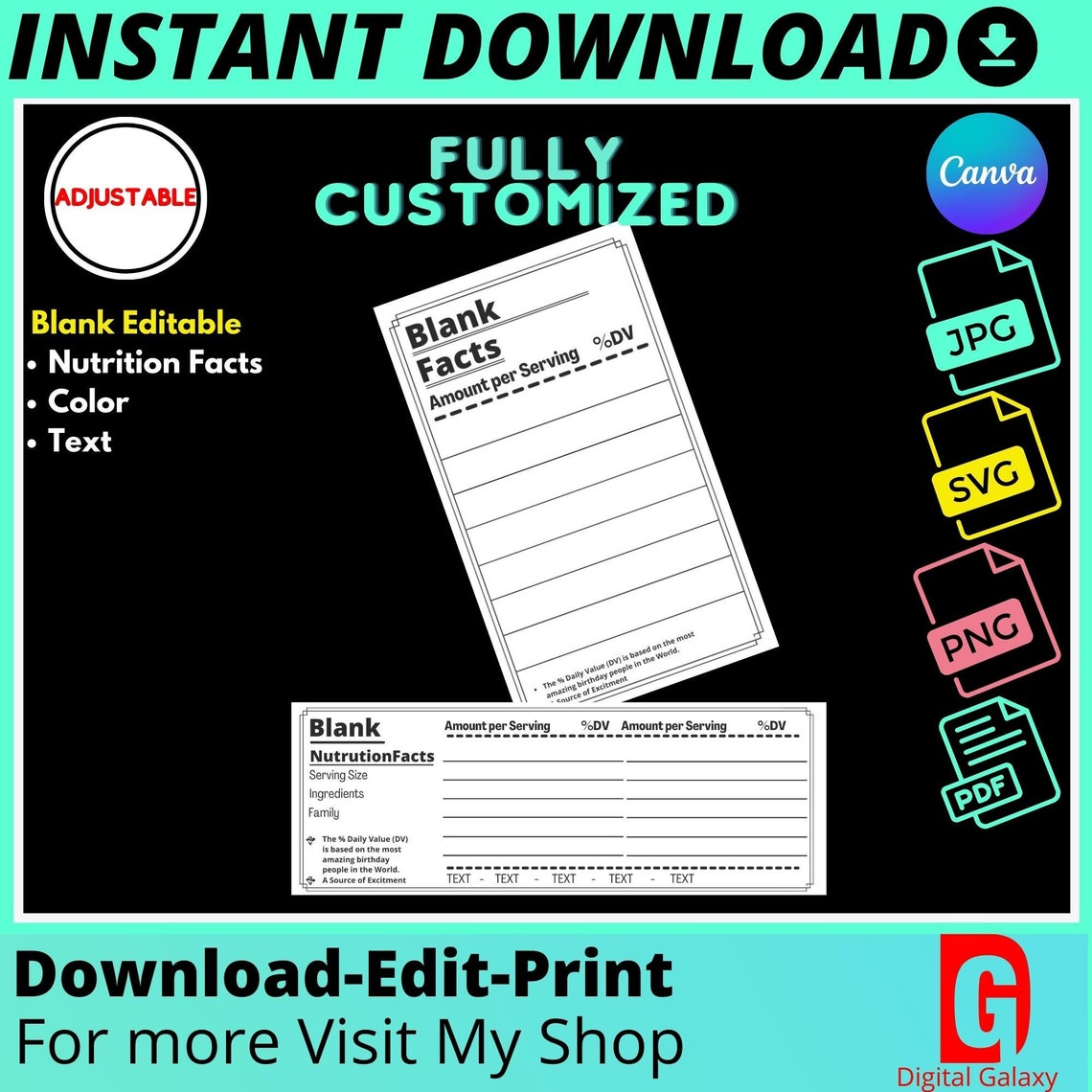 Blank Fillable Nutrition Facts Template, Editable Nutritional Fact ...