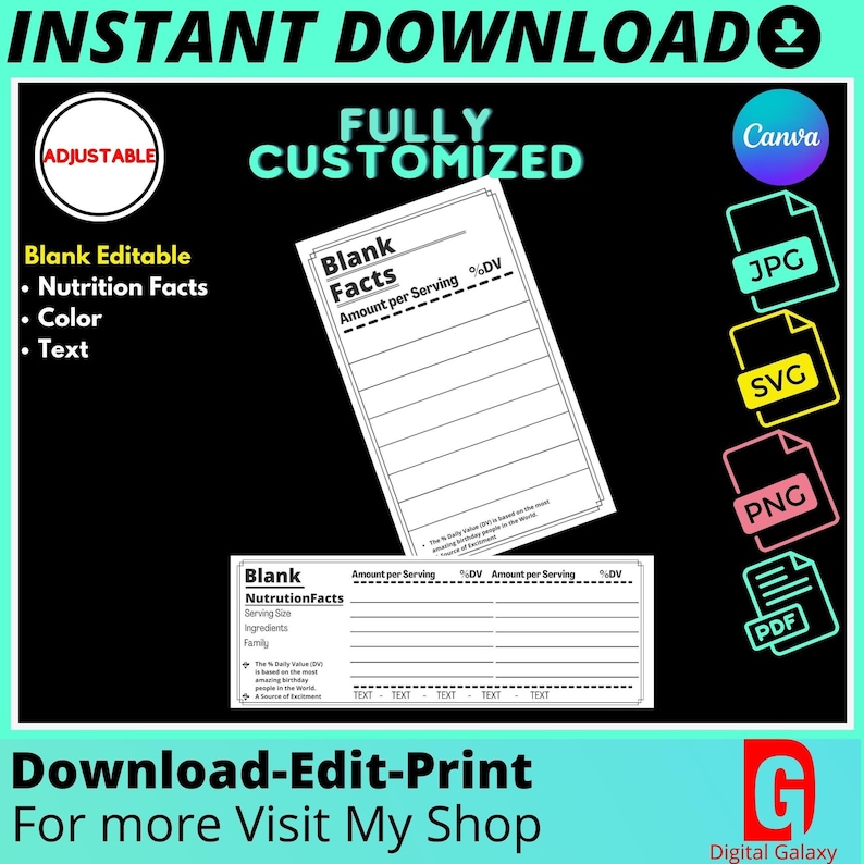 Blank Fillable Nutrition Facts Template, Editable Nutritional Fact ...