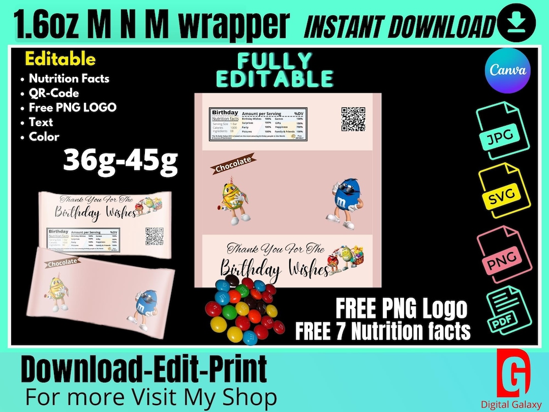 Mandm Wrapper Template, 36g, 45g M and M Wrapper, Chocolate Bar Wrapper ...