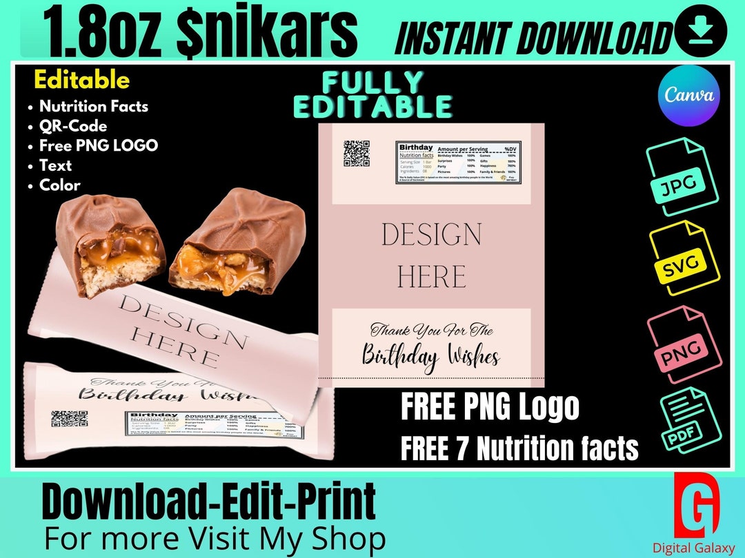 Snickers Wrapper Template 1.8oz: Editable Text, Color, QR Code (digital ...