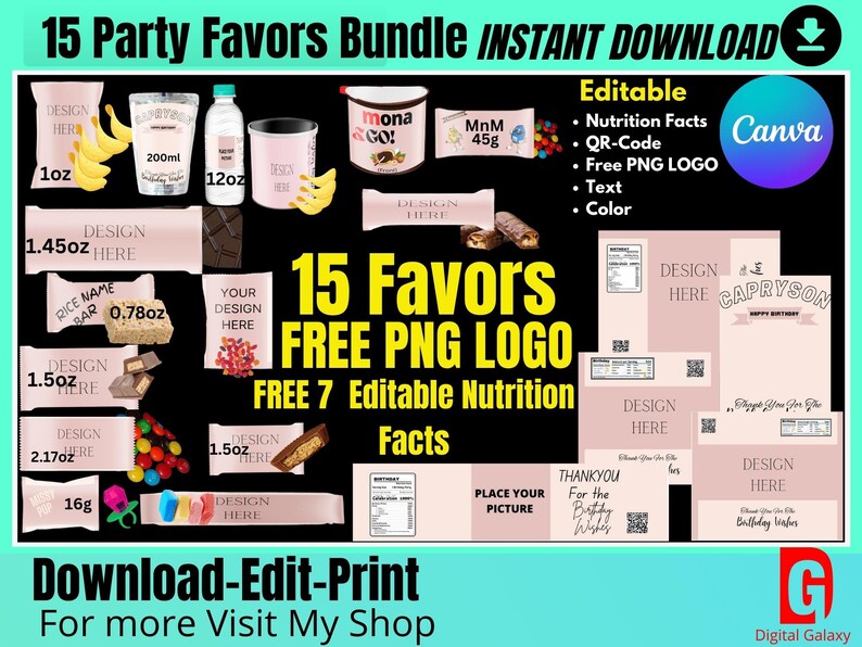 Party Favor Templates Bundle Editable Logos, Birthday, Graduation ...