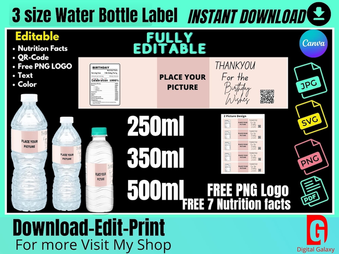 Editable Water Bottle Label Template Custom Stickers, Canva Digital ...