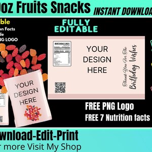 Fruit Snack Label Template Editable Nutrition Facts, PNG Logo Digital ...
