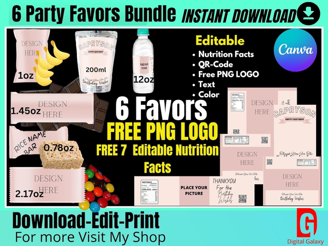 Digital Party Favor Templates Bundle | Printable Favor Designs for ...