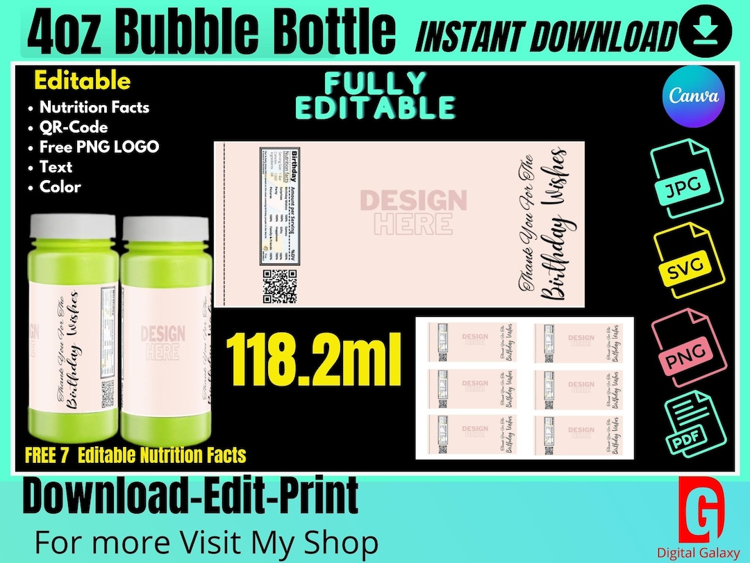 Bubble Bottle Label Template 4oz, 118ml Blank Label Template, DIY ...