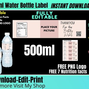 Water Bottle Labels Template 500ml 16.9ounce With FREE Nutrition Facts ...