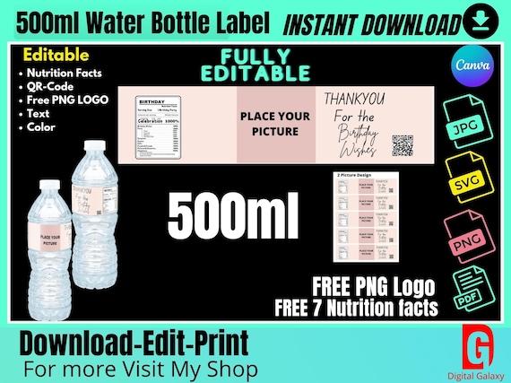 Water Bottle Labels Template 500ml 16.9ounce With FREE - Etsy