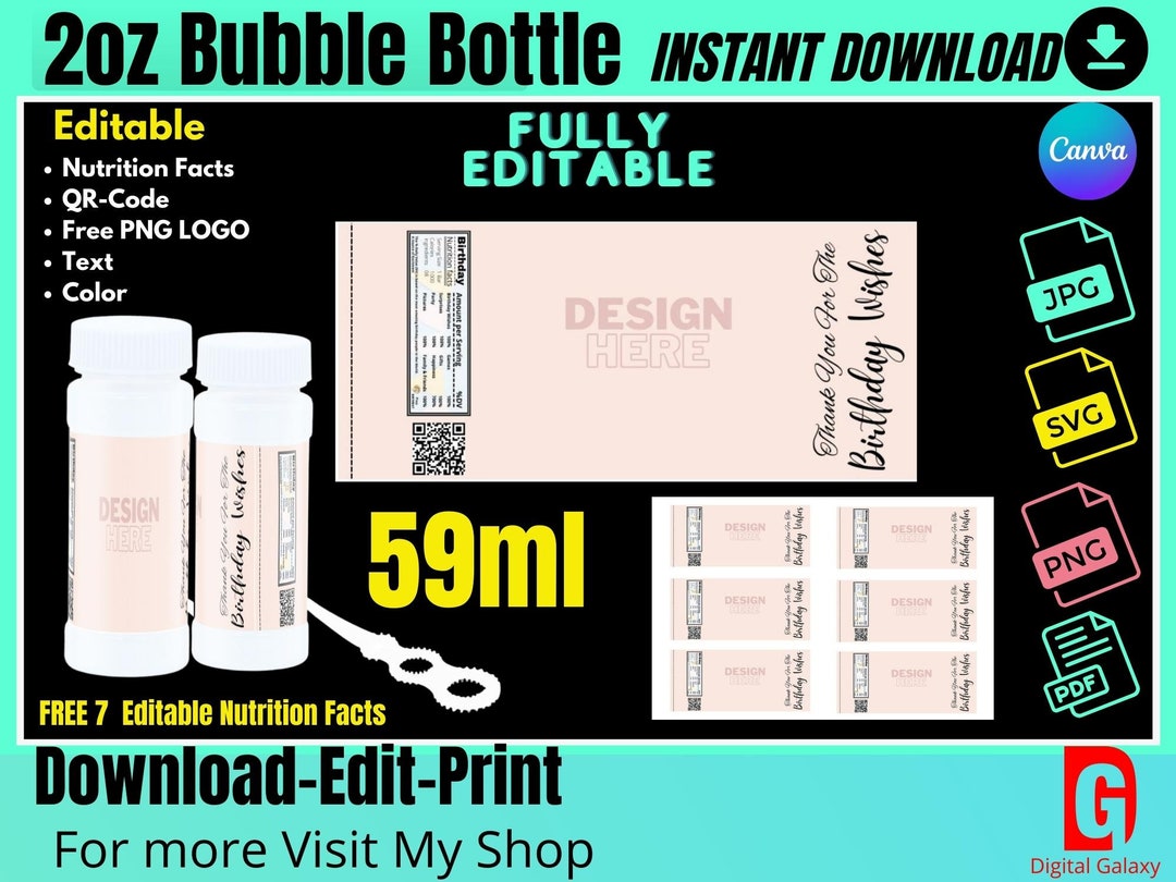 Bubble Bottle Label Template 2 0z. , Bubble Bottle Label, Bubble Bottle ...