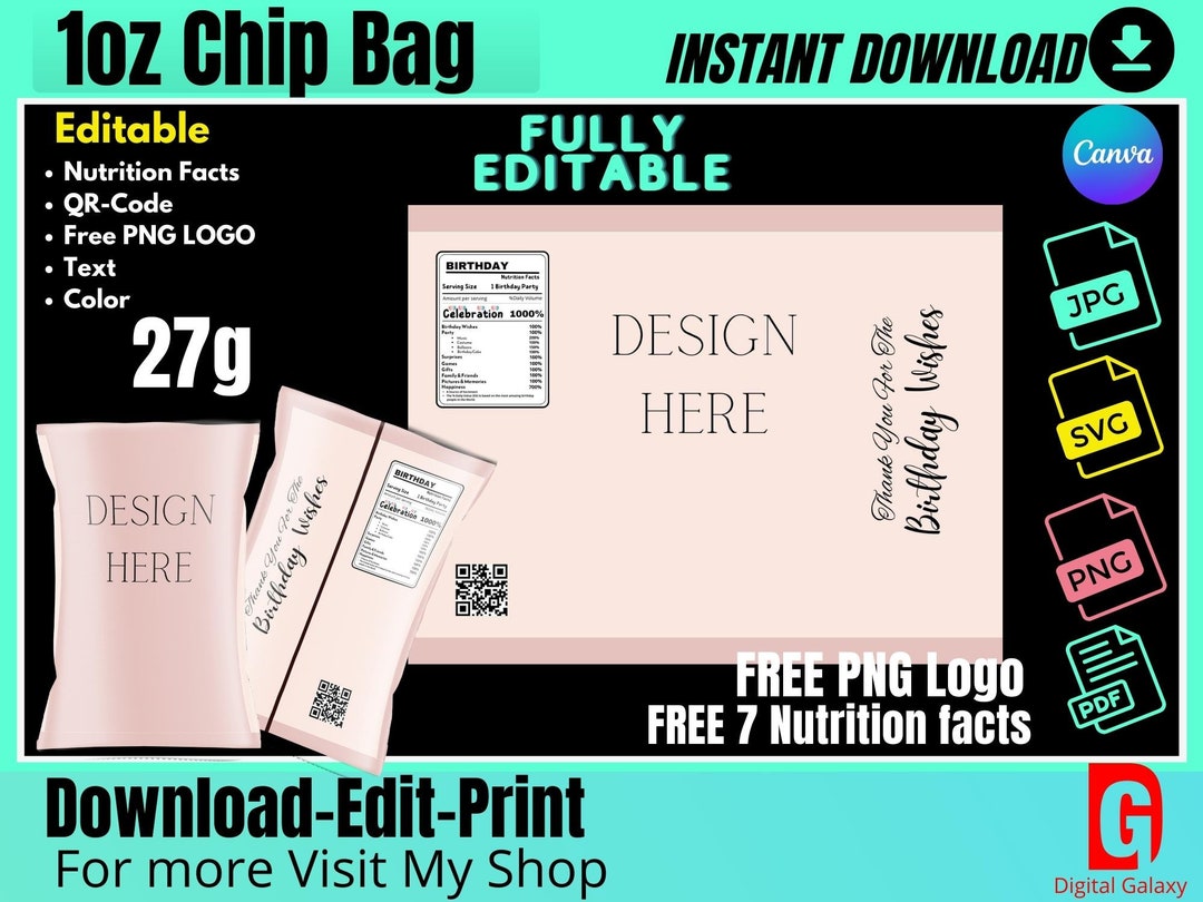 EDITABLE Chip Bag Template, Chip Bag Template Canva, Chip Bag ...