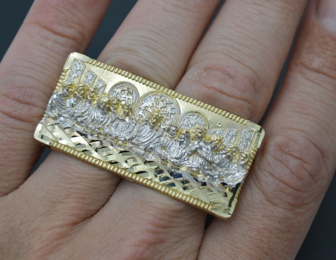 10K Solid Yellow Gold Men's Last Supper Two Finger Ring | Men's Jewelry ...