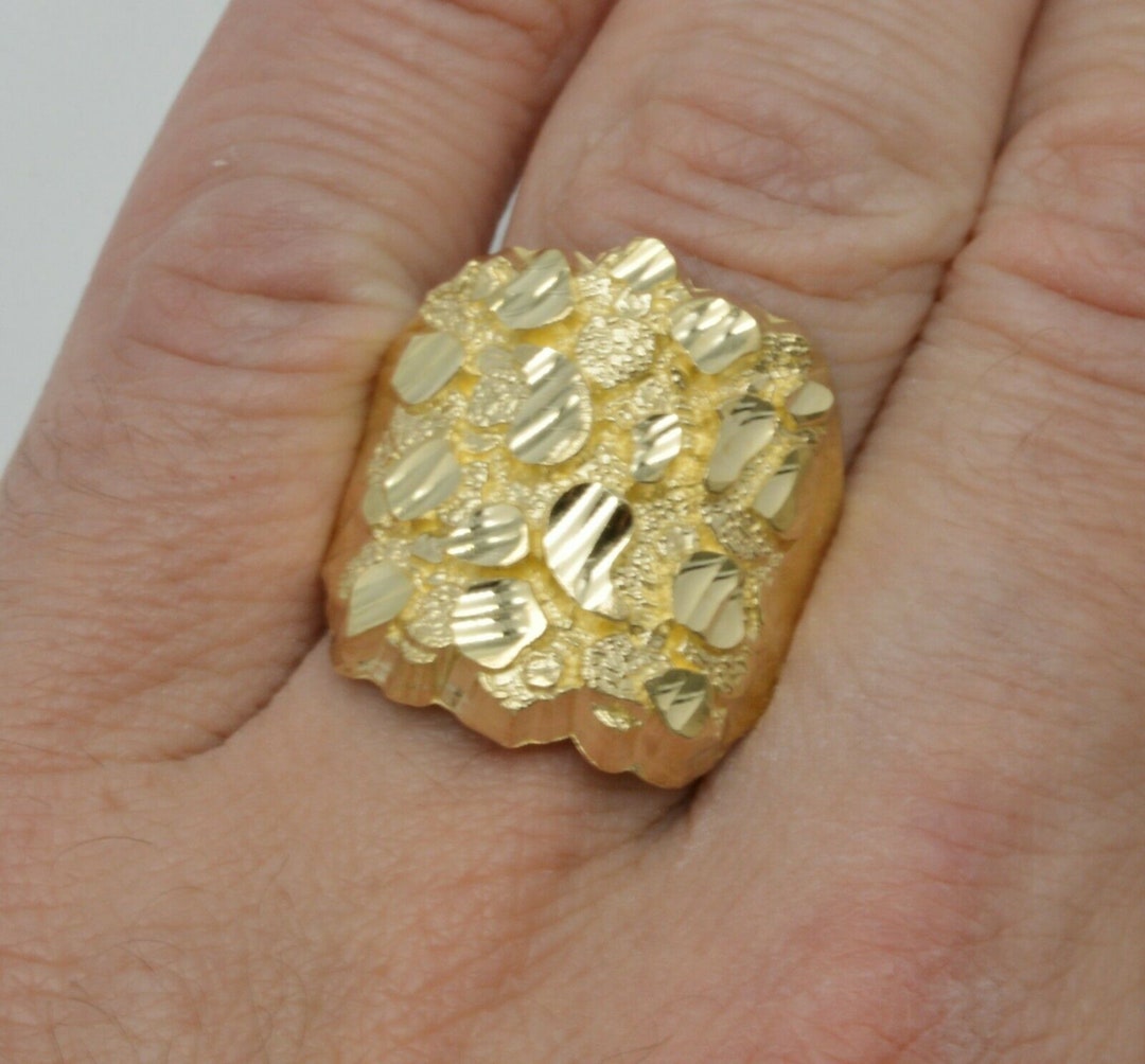 Real Solid 10K Yellow Gold Men's Nugget Square Ring 25mm ALL Sizes ...