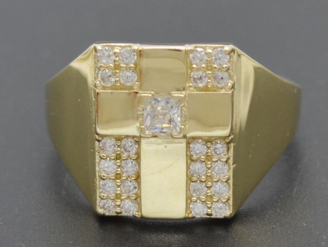 Real Solid 10K Yellow Gold Men's Square Cross Ring 14.7mm ALL Sizes 4 ...