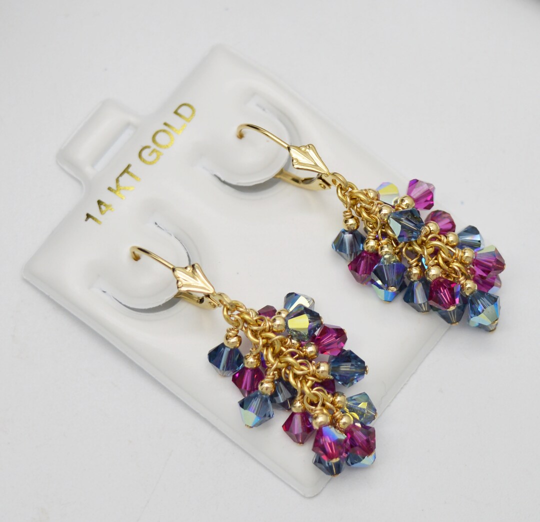 Real 14k Solid Gold Made/w Swarovski Crystal Grape Multicolor Leverback ...