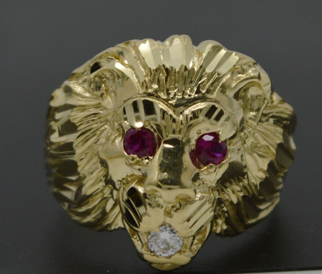 Real Solid 10K Yellow Gold Men's Lion Head Ring CZ 22mm ALL Sizes | Men ...