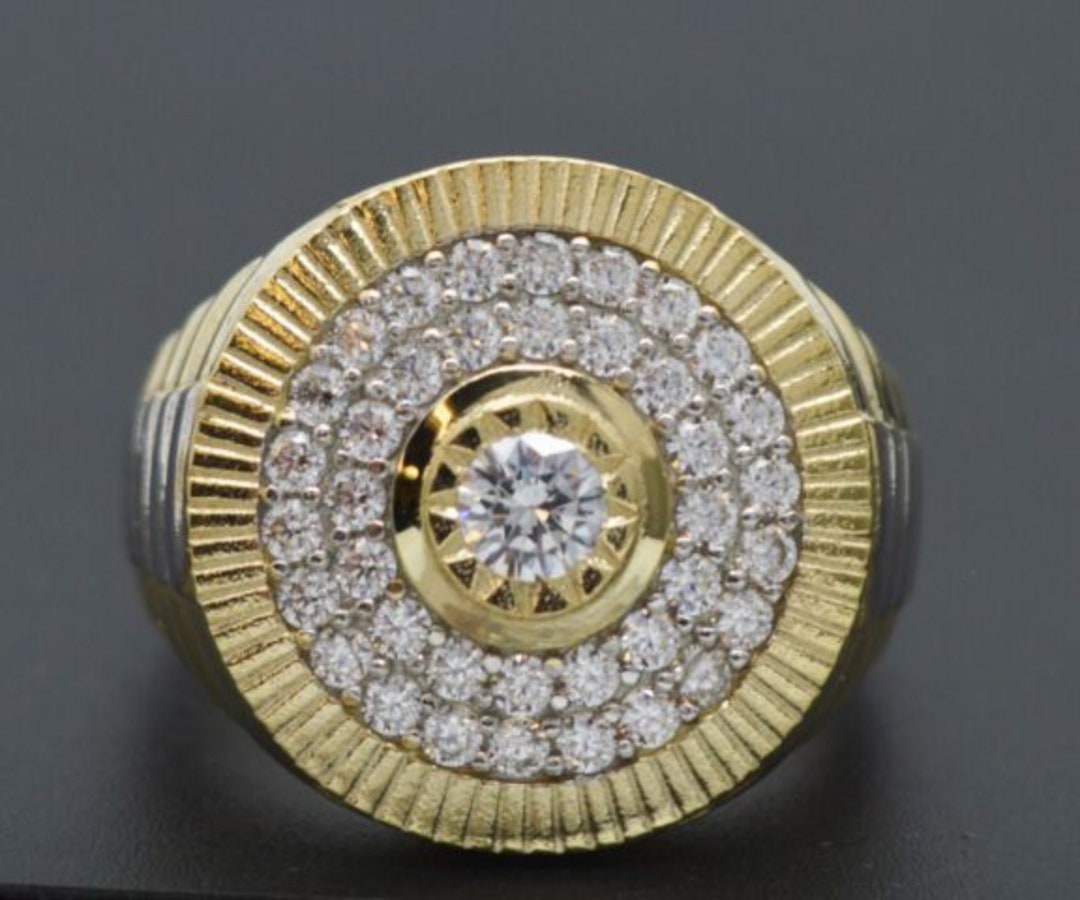 Real Solid 10K Yellow Gold Men's Statement CZ Railroad Ring ALL Sizes ...