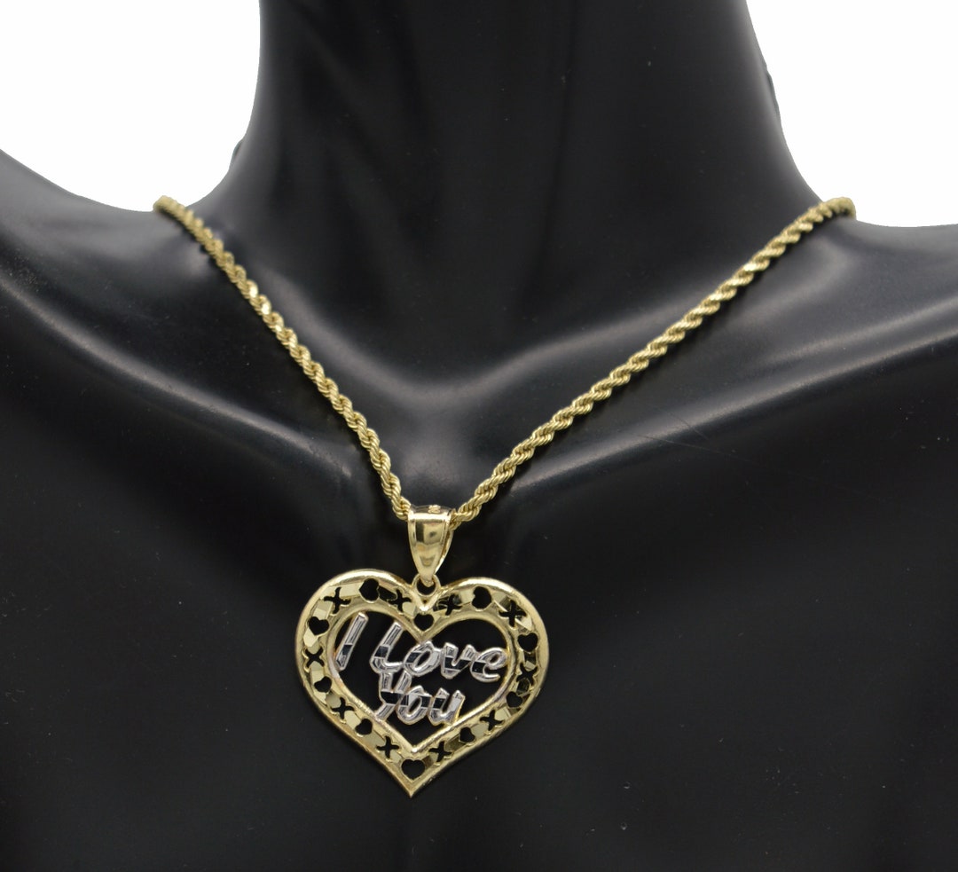 Real 10K Yellow Solid Gold XO I Love You Heart Charm Pendant+rope Chain ...
