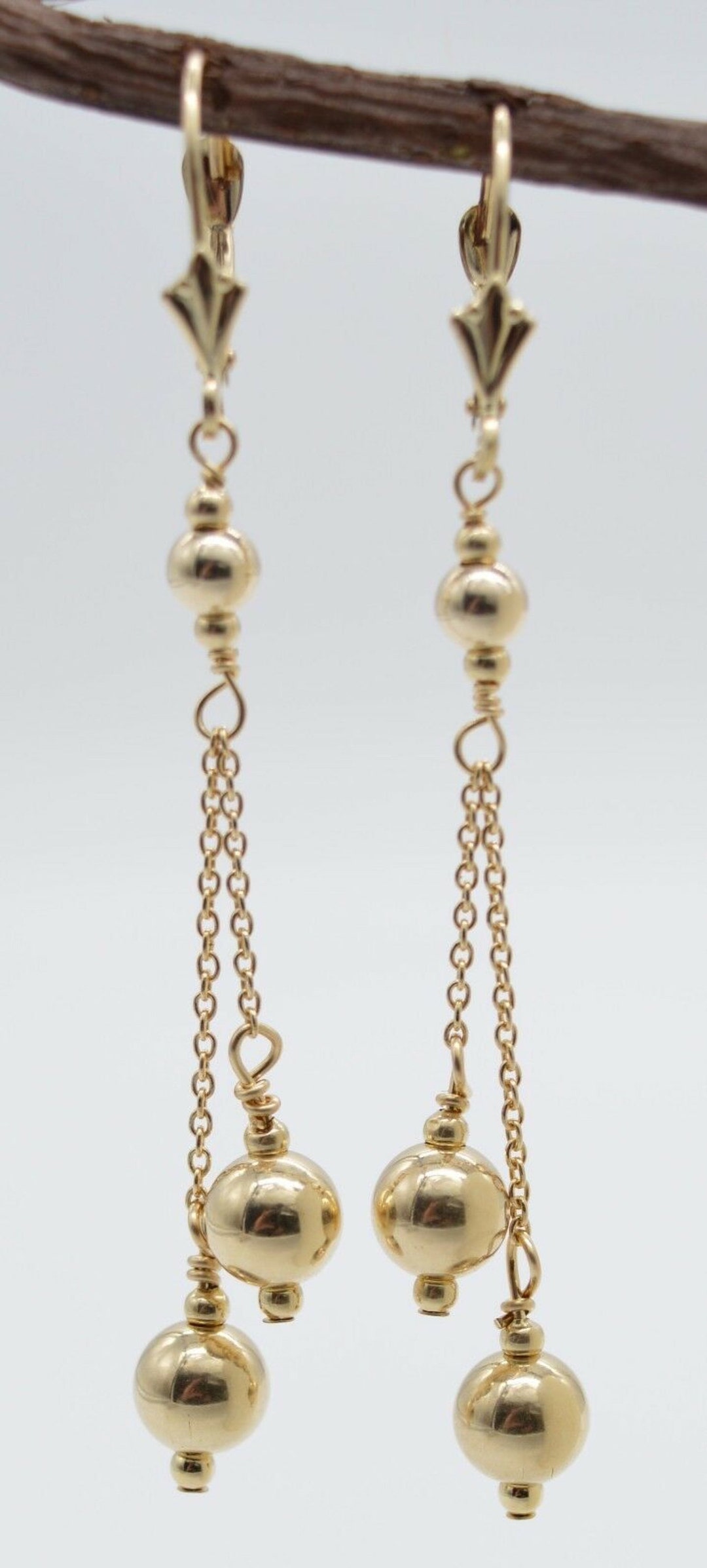 New 14K Solid Yellow Gold Round Double Bead Drop/dangle Earrings ...