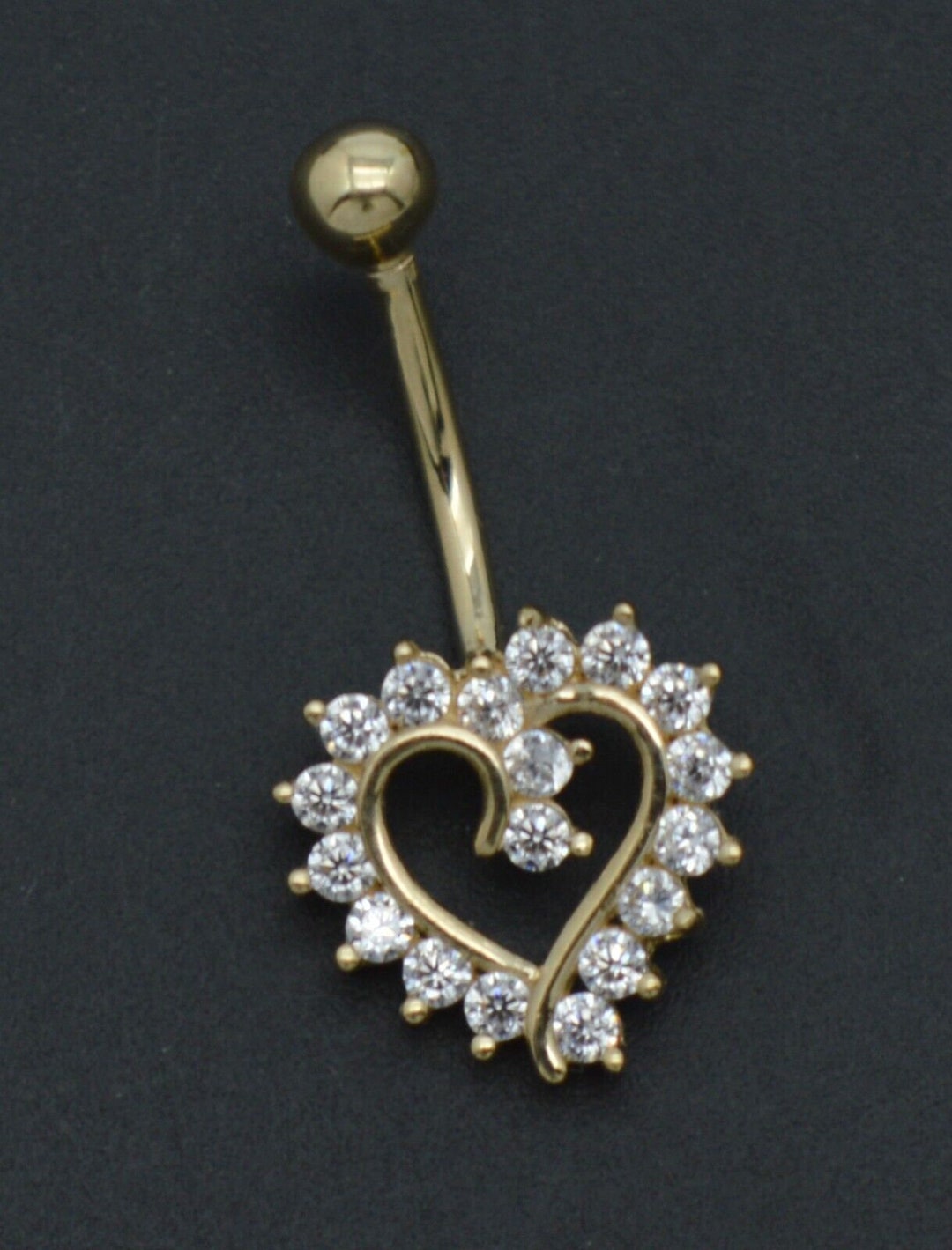 14K Solid Yellow Gold CZ Heart Shape Belly Button Ring 16 Gauge 1" 1 ...