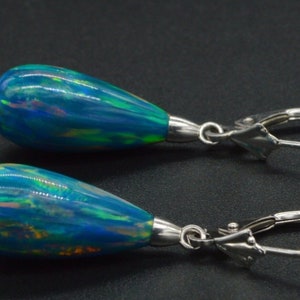 14K Solid White Gold Tear Drop Blue Green Fire Opal Lever Back Dangle ...