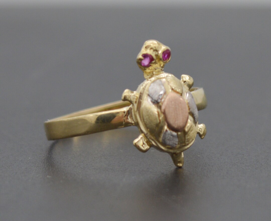 Real 10k Solid Yellow Tri Color Gold Turtle Ring Ruby Eyes 14.9mm All ...