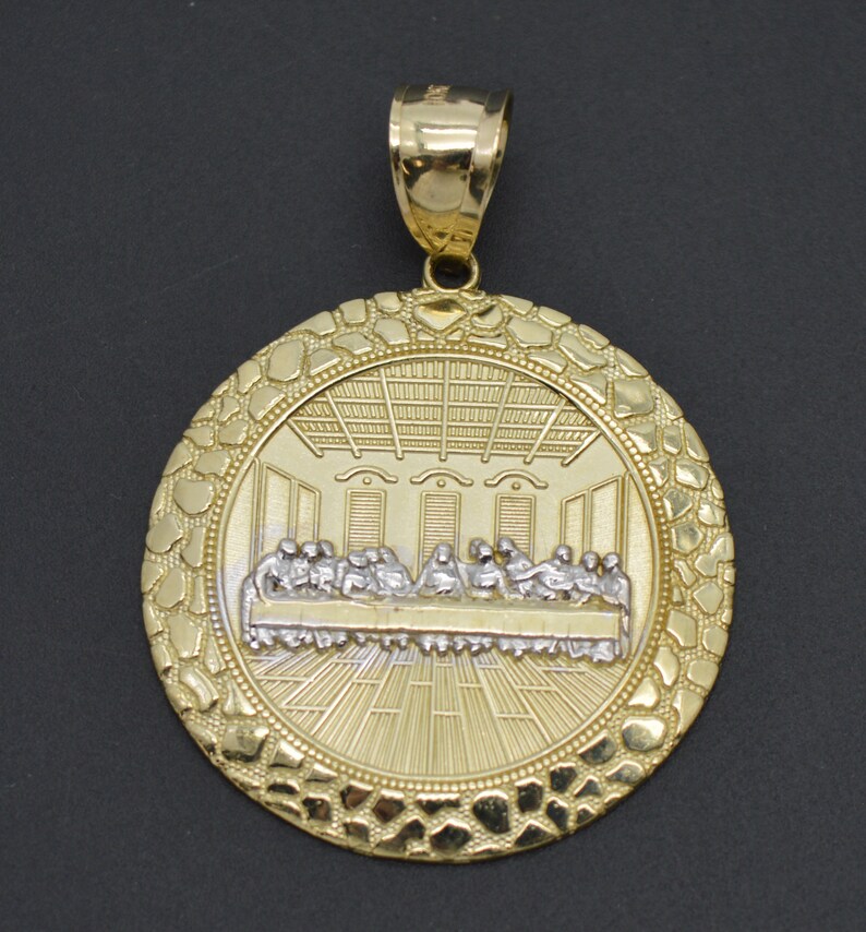 10k Solid Gold Last Supper Round Jesus Medallion Nugget Charm Pendant ...